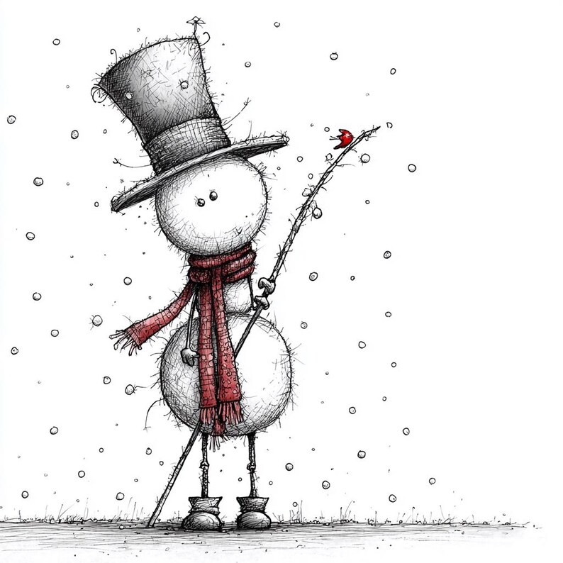 Whimsical Snowman Clipart Set, Hand-drawn Winter Gentleman PNG, Top Hat ...