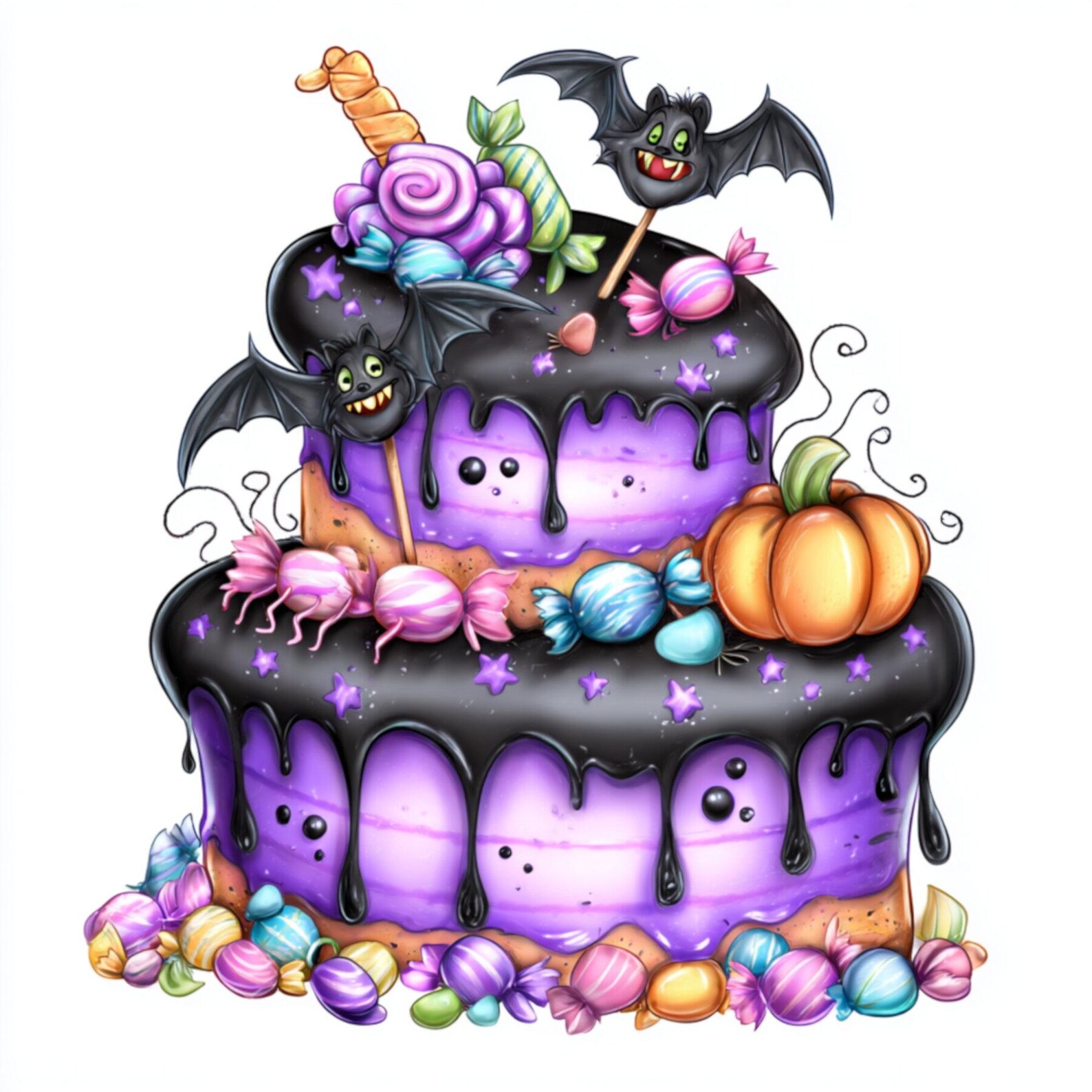 Halloween Cake, Bat Cake, Cute Halloween, Purple Drip Cake, Kawaii Bats ...
