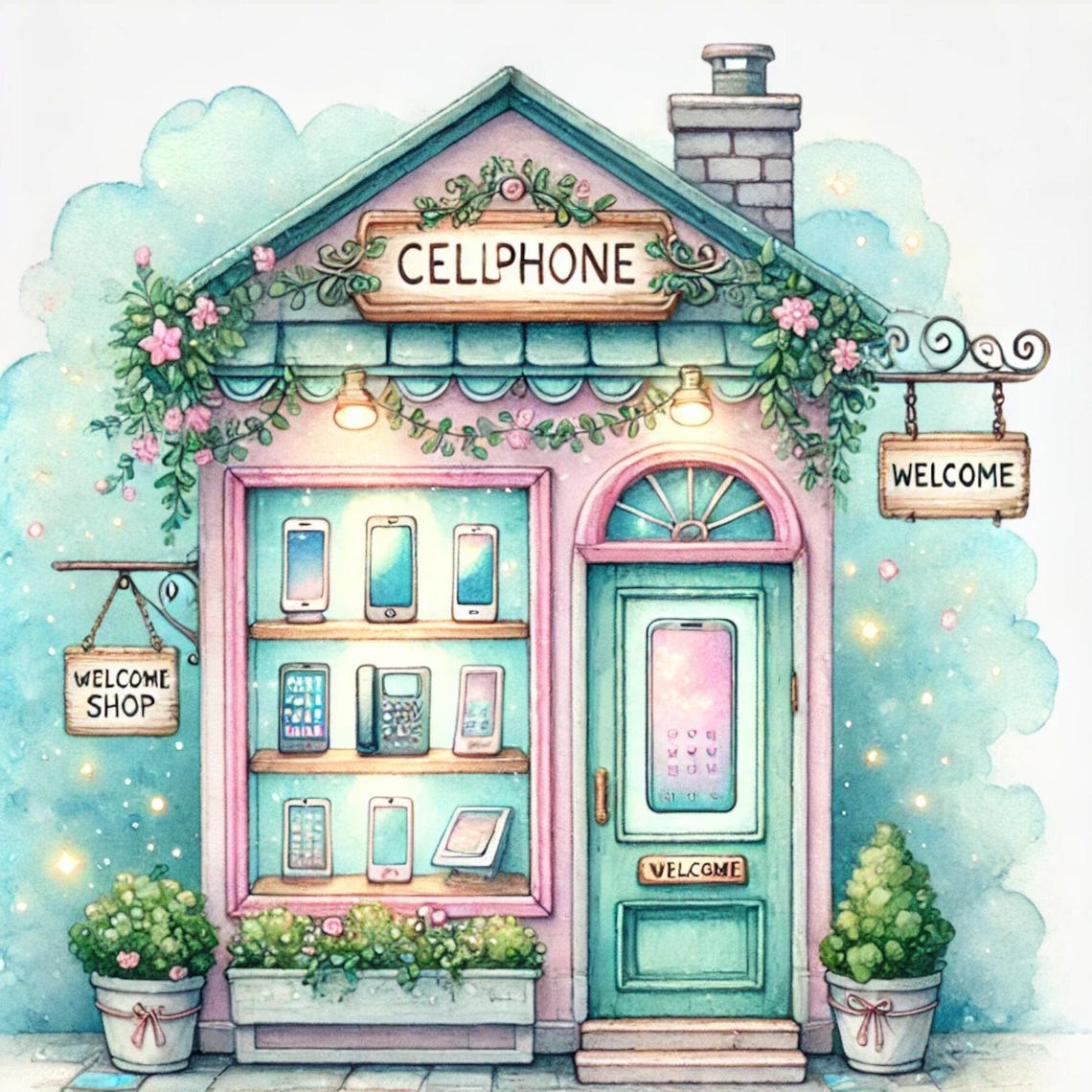 Cellphone Shop, Cellphone Clipart, Tech Shop Art, Pastel Phone Shop ...