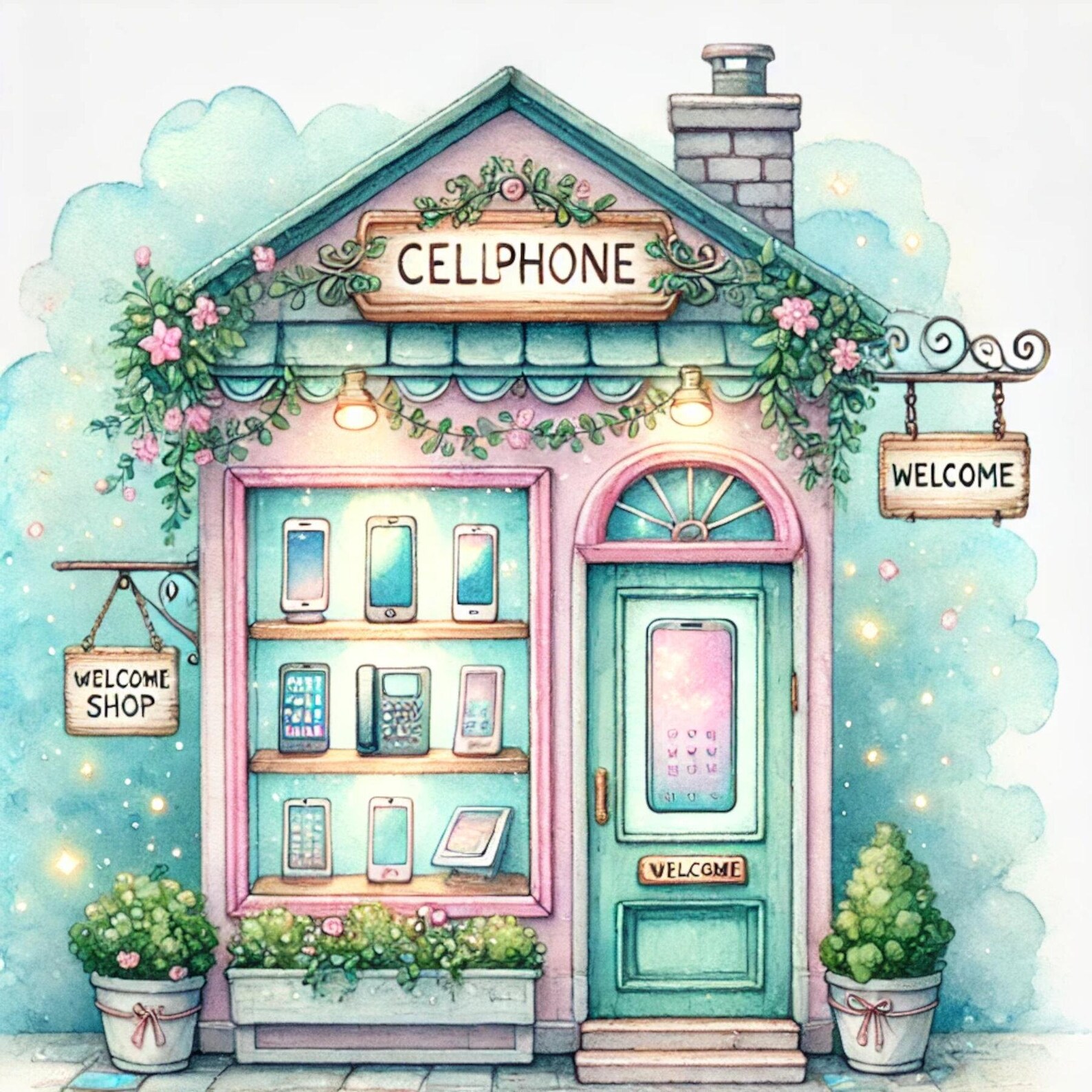 Cellphone Shop, Cellphone Clipart, Tech Shop Art, Pastel Phone Shop ...