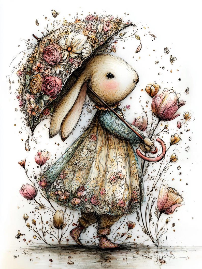 Rainy Day Bunny Clipart, Floral Umbrella Rabbit Art, Whimsical Spring ...