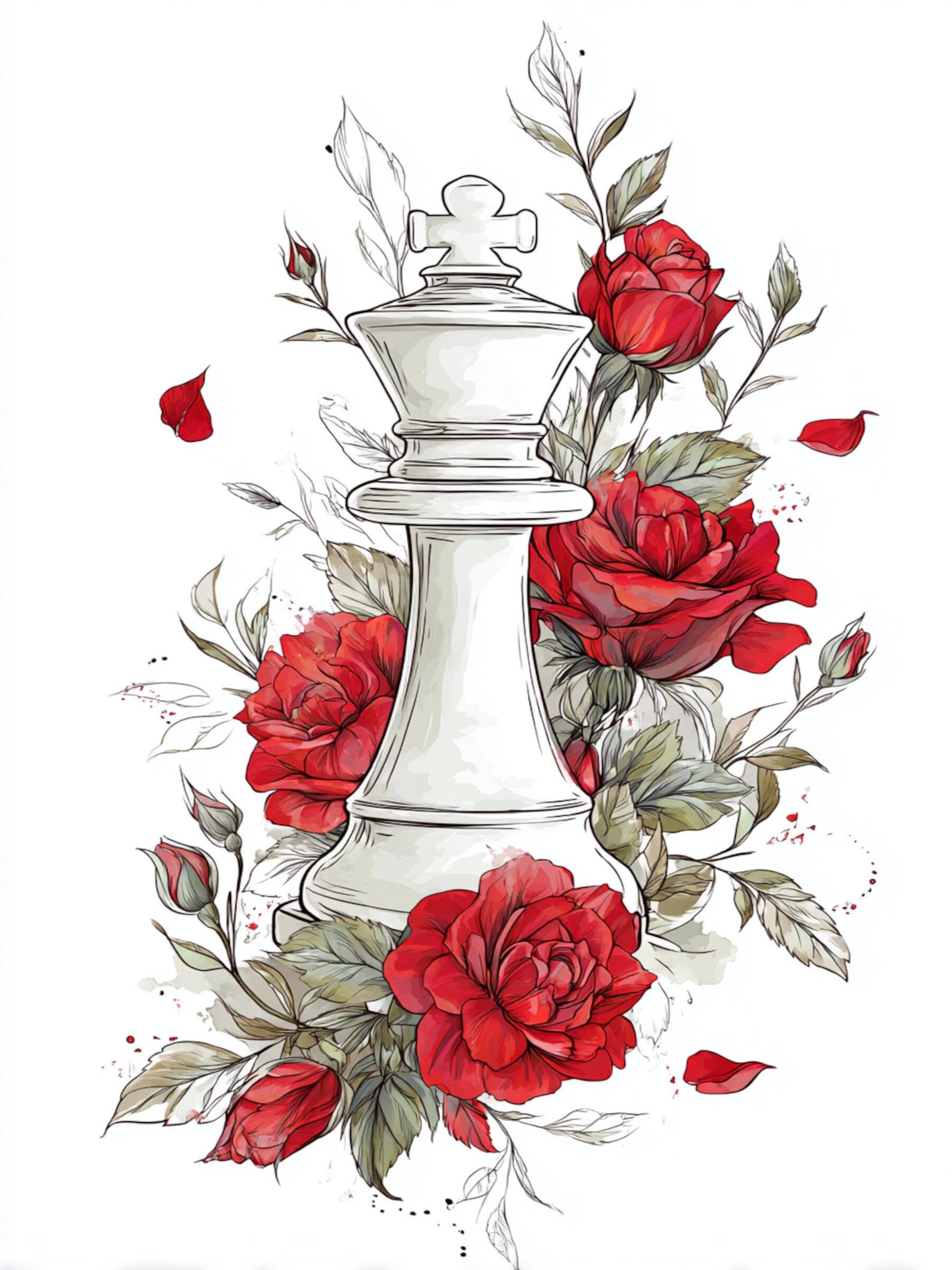 Chess King Art, Rose Ink Art, Red Roses Print, Crown Sketch, Regal ...
