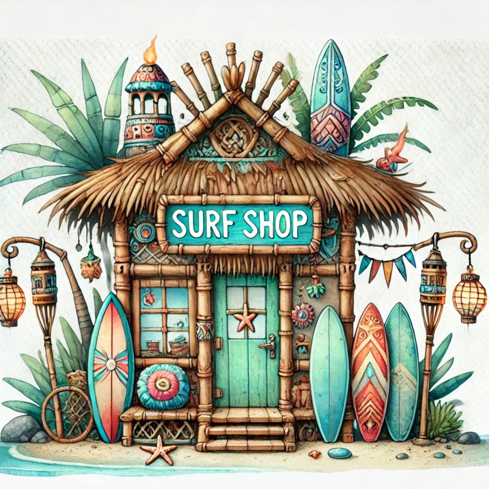 Surf's Up, Surf Shop Clipart, Watercolor Surf, Beach Shop Art, Pastel ...