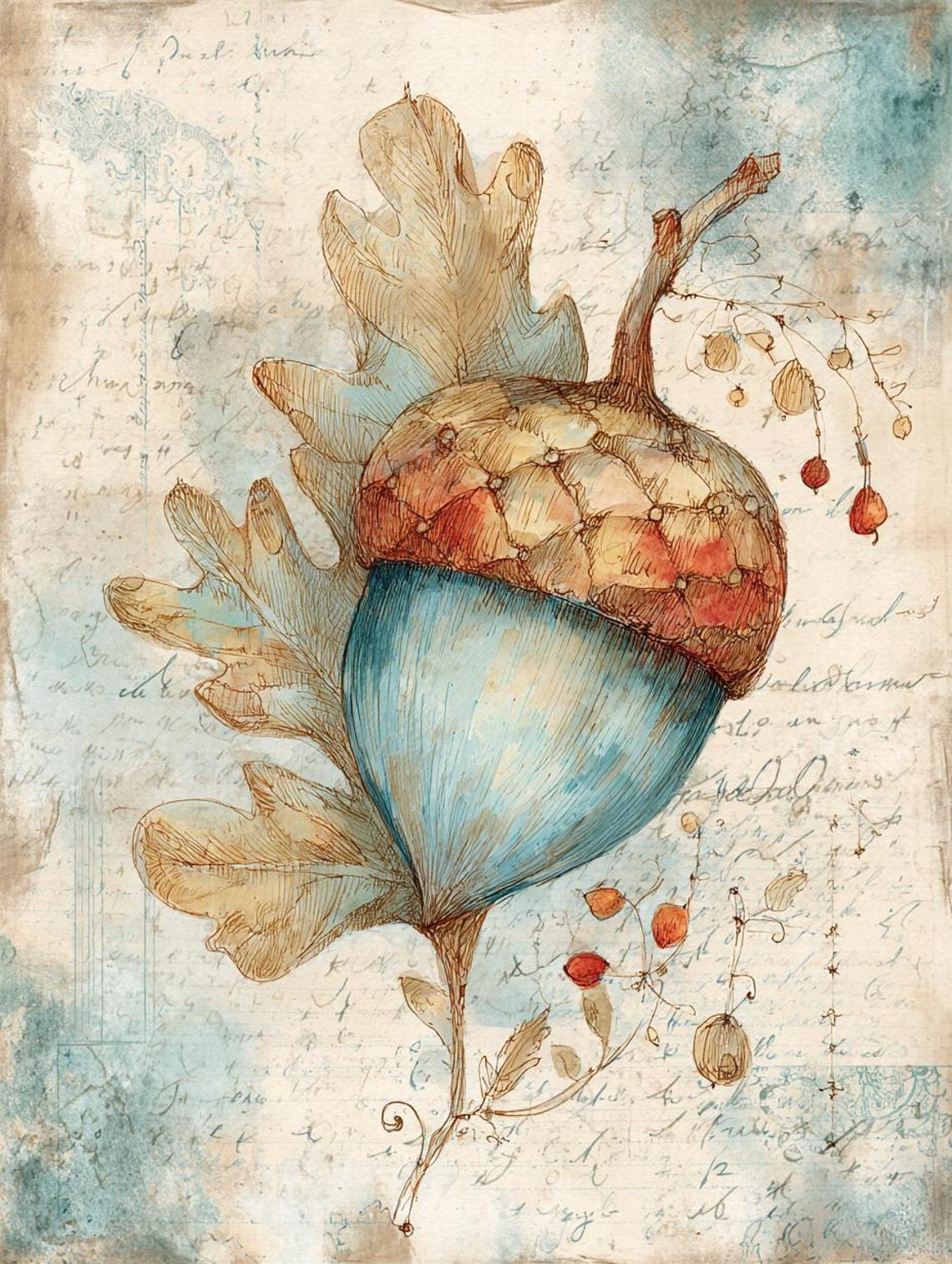 Shades of Autumn, Fall Decor, Autumn Art, Oak Leaf, Blue Acorn, Rustic ...