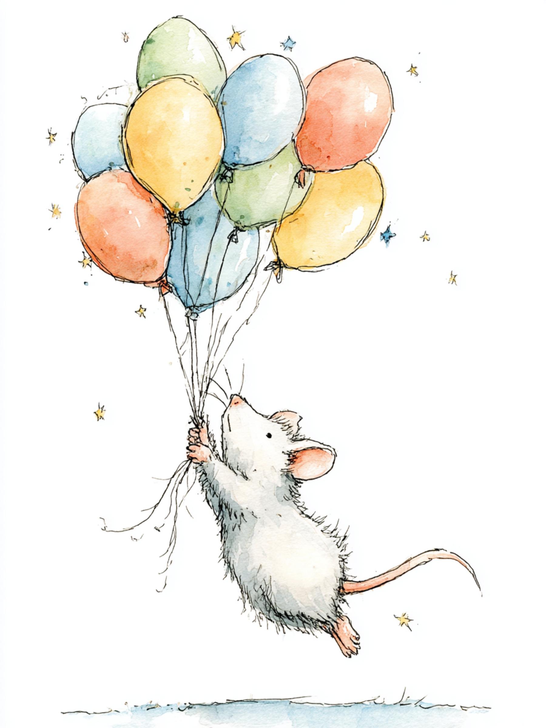 Flying High, Cute Mouse Art, Mouse With Balloons, Flying Mouse Print ...