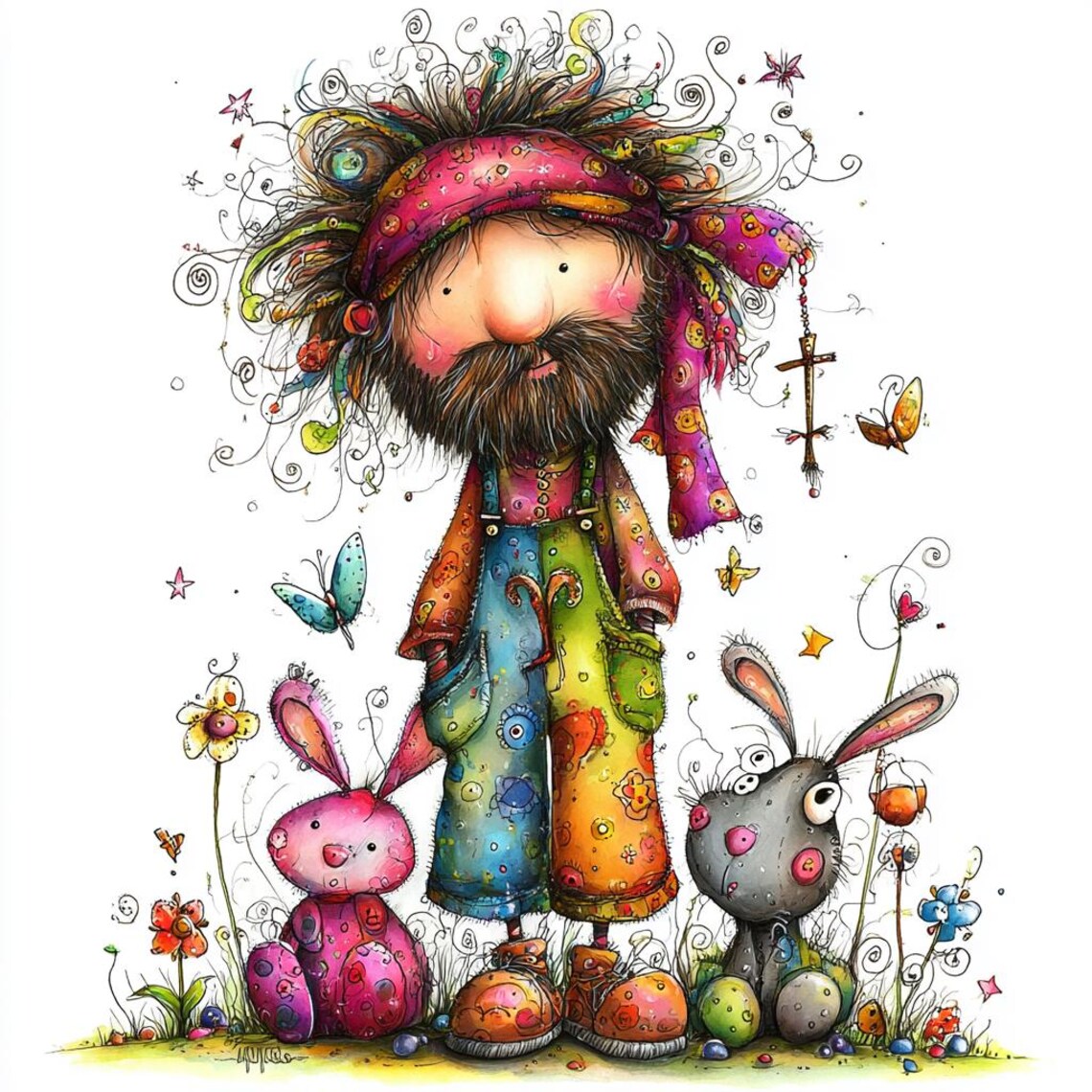 Hippie Art, Quirky Jesus, Boho Style, Flower Power, Patchwork Clothes ...
