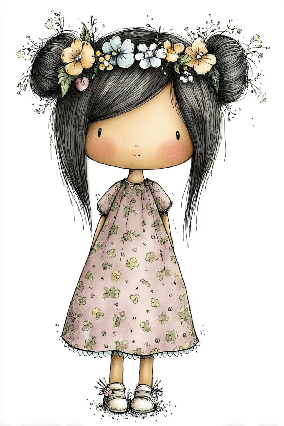 Whimsical Doll, Cute Girl Art, Poppet Print, Floral Dress, Kawaii Girl ...