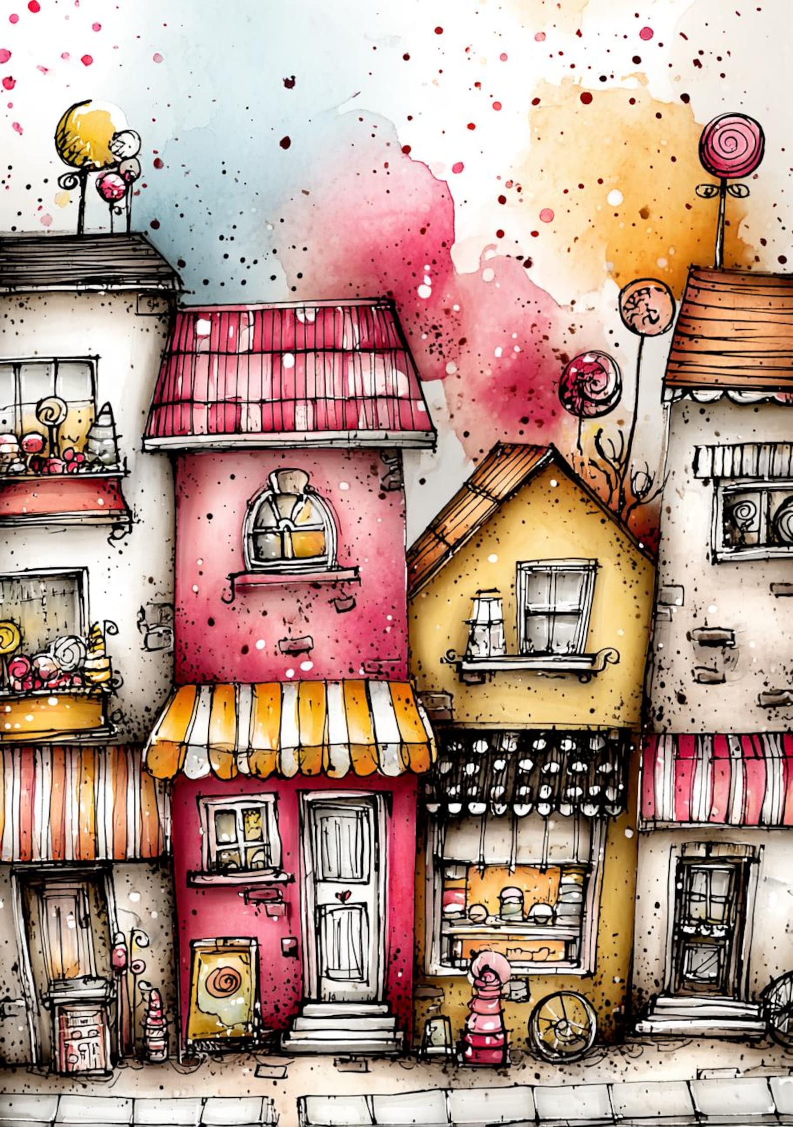 Candy Shop Art, Sweet Shop Art, Whimsical Town, Colorful Shops, Striped ...