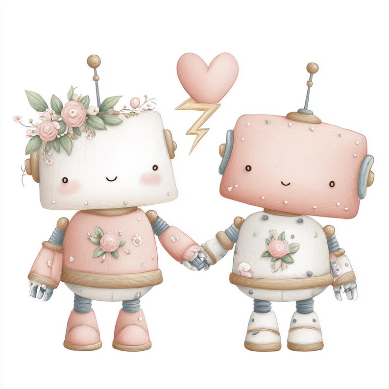 Robot Couple With Heart Sparks – Sweet Pastel Companions Holding Hands ...