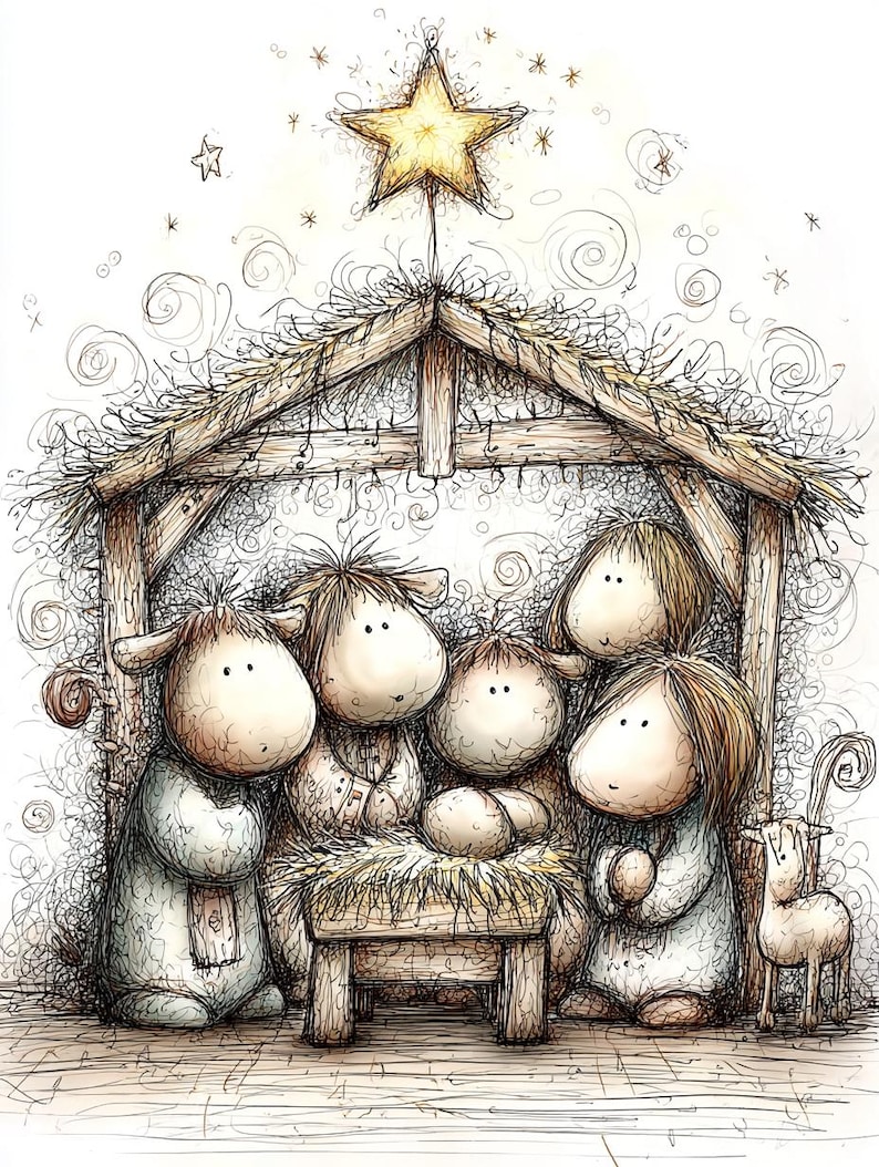 Nativity Scene With Star – Hand-drawn Whimsical Christmas Illustration ...