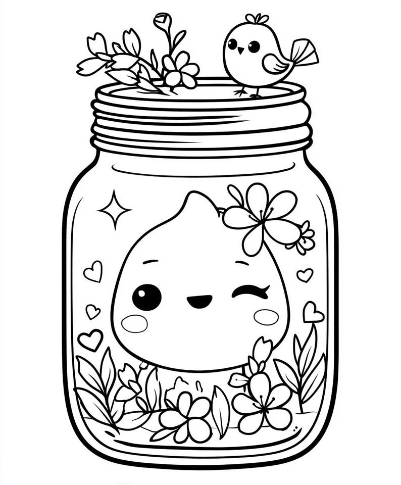 Kawaii Mason Jar CLIPART, Cute Jar With Bird and Flowers, Black and ...