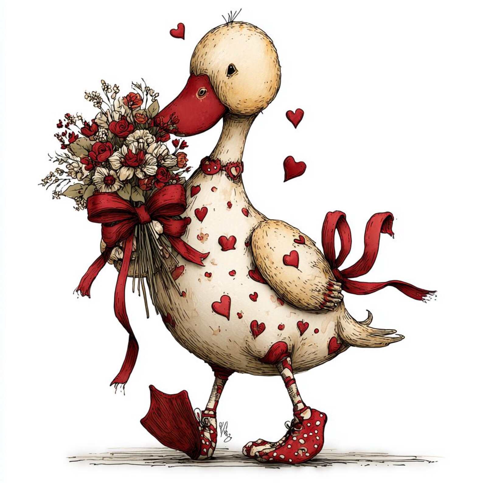 Duck Valentine Clipart, Romantic Duck Holding Flowers, Red Heart ...