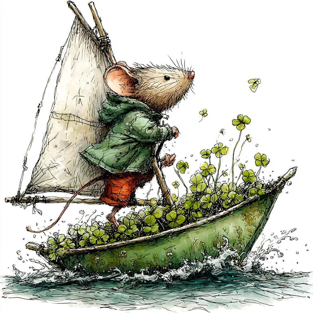 St Patricks Day Mouse CLIPART, Leaf Boat Adventure, Shamrock Sailor ...