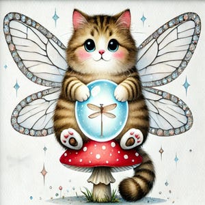 Whimsical Cat Fairy, Watercolor Illustration, Magical Wings, Cute ...