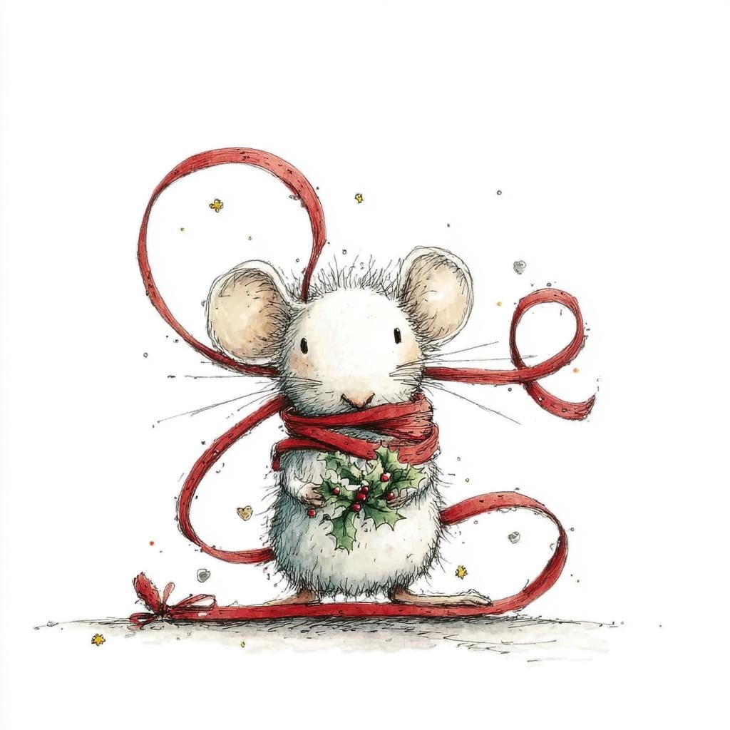 Woodland Mouse, Christmas Mouse, Cute Mouse Art, Holiday Ribbon, Holly ...