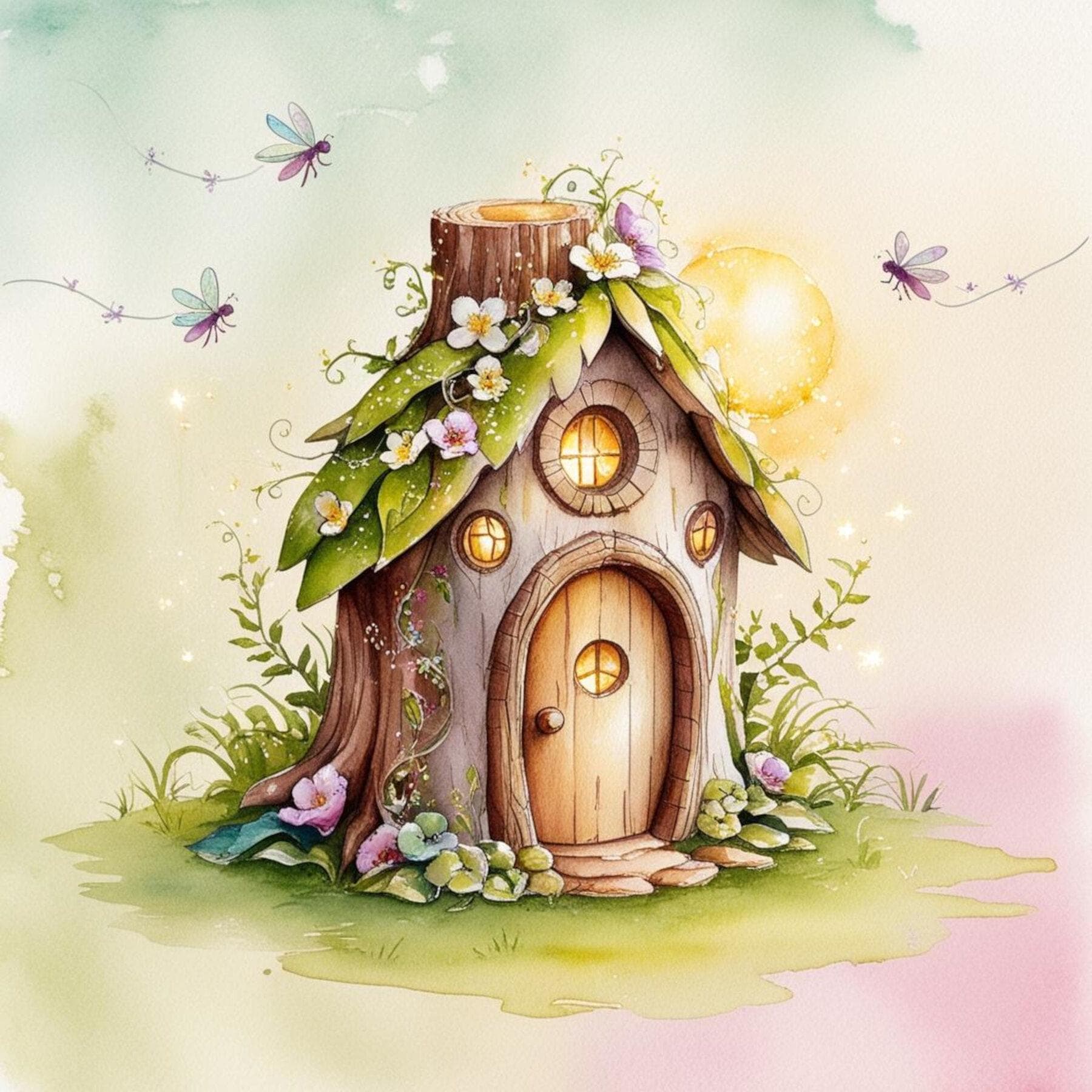 Mystical Fairy Houses, Fairy House Art, Whimsical Watercolor, Enchanted ...