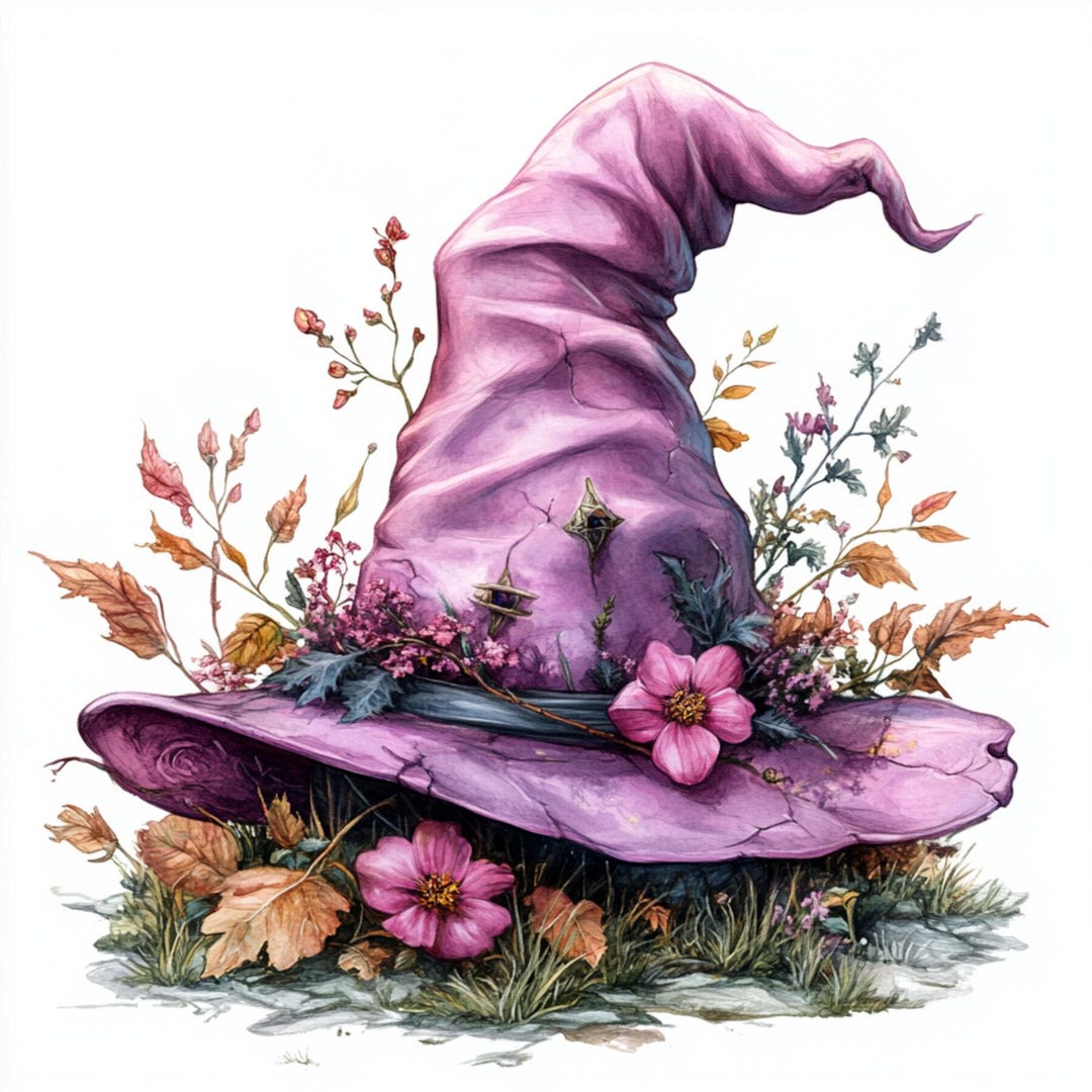 Witch Hat Art, Pink Witch Hat, Fall Witch Decor, Halloween Chic, Floral Witch Hat, Cottage Witch ...