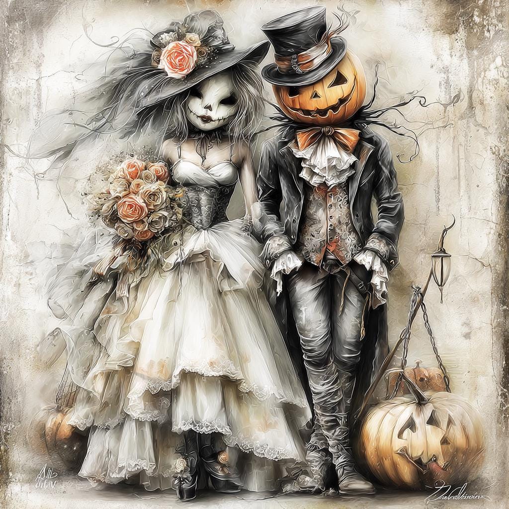 Halloween Couple, Gothic Wedding, Spooky Bride, Pumpkin Groom, Skeleton ...
