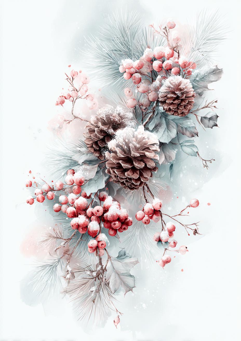 Watercolor Pinecone and Berry Clipart, Frosted Winter Branches, Red ...