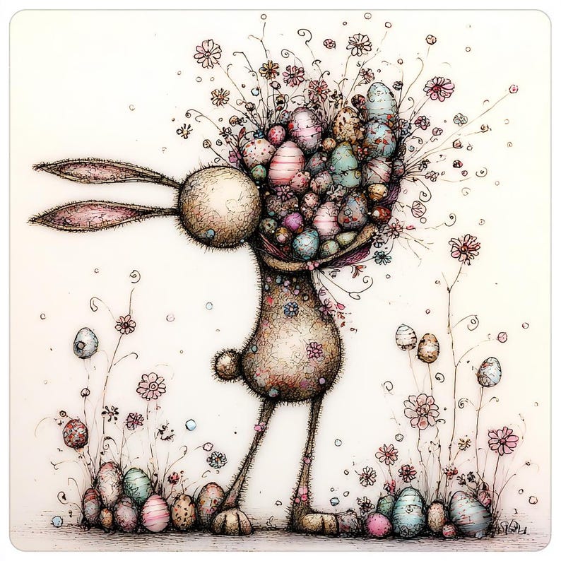 Easter Bunny With Flowers CLIPART Sketch Style Spring Illustration - Etsy