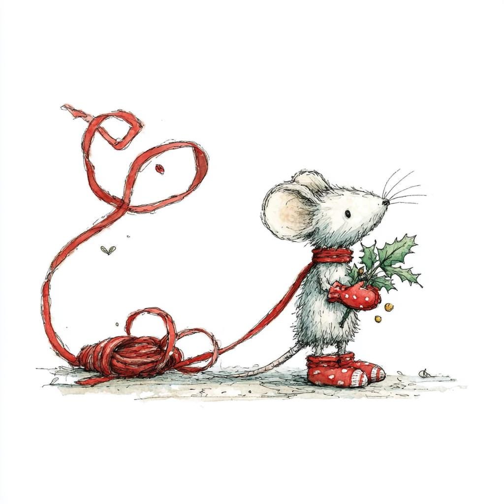 Woodland Mouse, Christmas Mouse, Cute Mouse Art, Holiday Ribbon, Holly ...