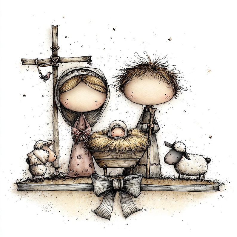 Whimsical Nativity Scene Art Print, Holy Family Christmas Illustration, Baby Jesus in Stable ...
