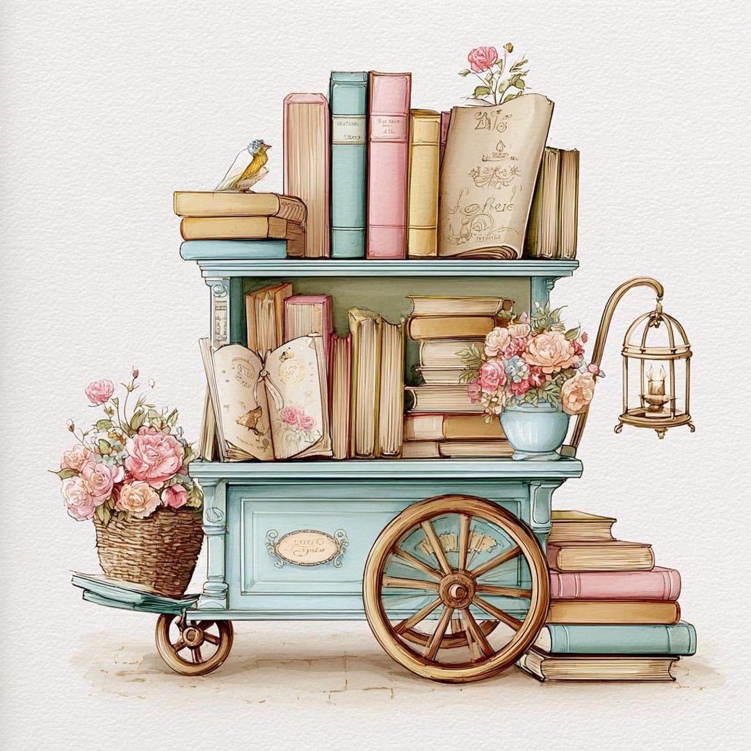 Vintage Book Cart PNG Set, Shabby Chic Library Clipart, Pastel Book ...