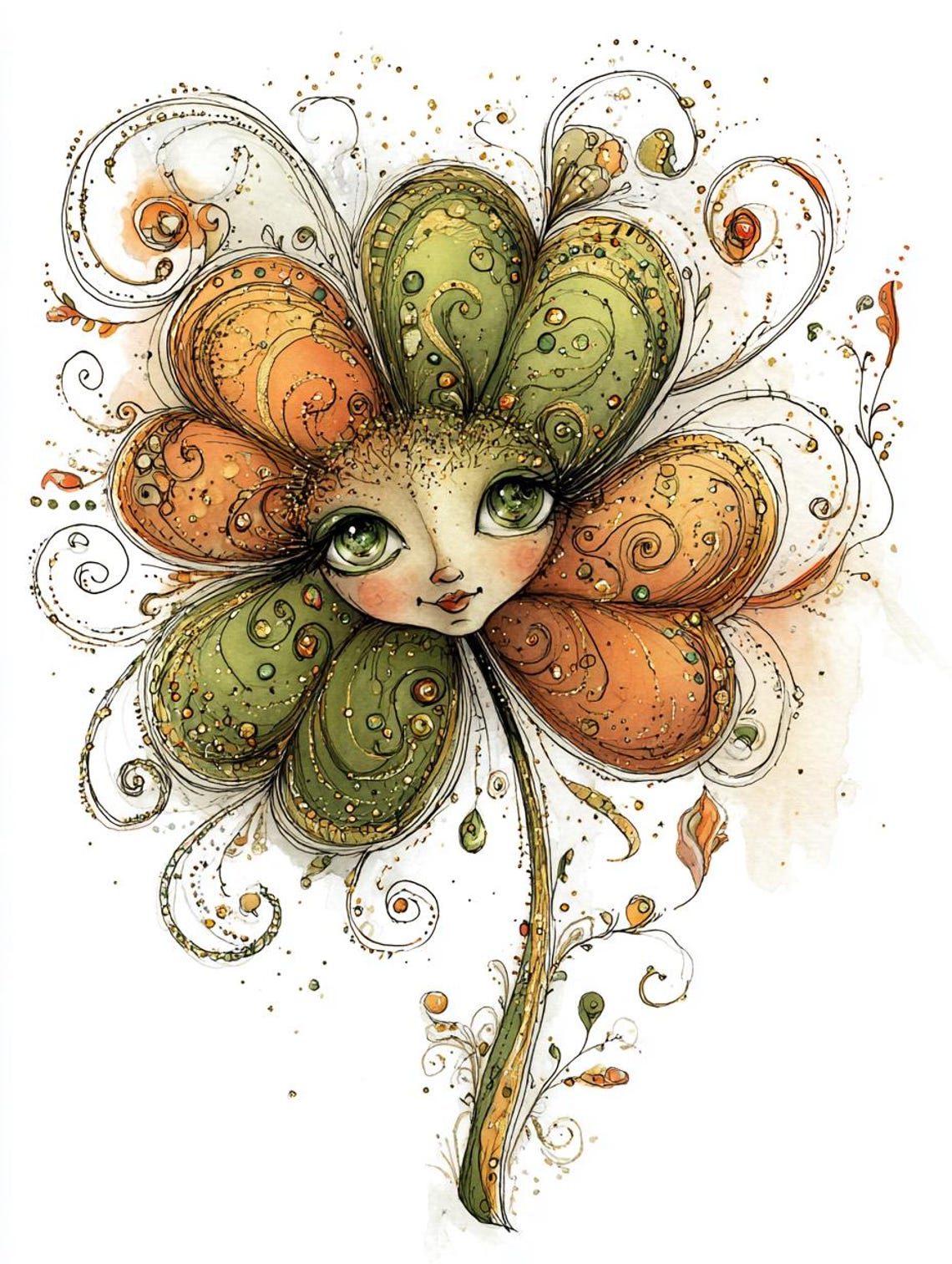 Enchanted Clover Sprite, Whimsical Floral Spirit Art, Watercolor Lucky ...