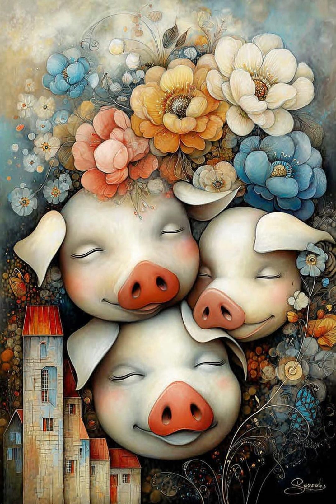 Garden Pigs, Whimsical Pig PNG Set, Floral Farm Animals, Pastel Cottage ...