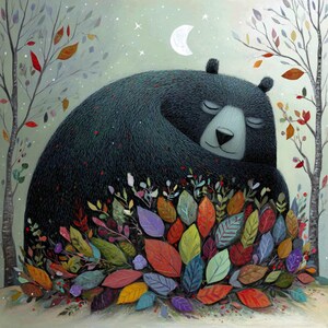 Sleepy Bear, Forest Bear, Autumn Bear, Cozy Animal Art, Nighttime Bear ...