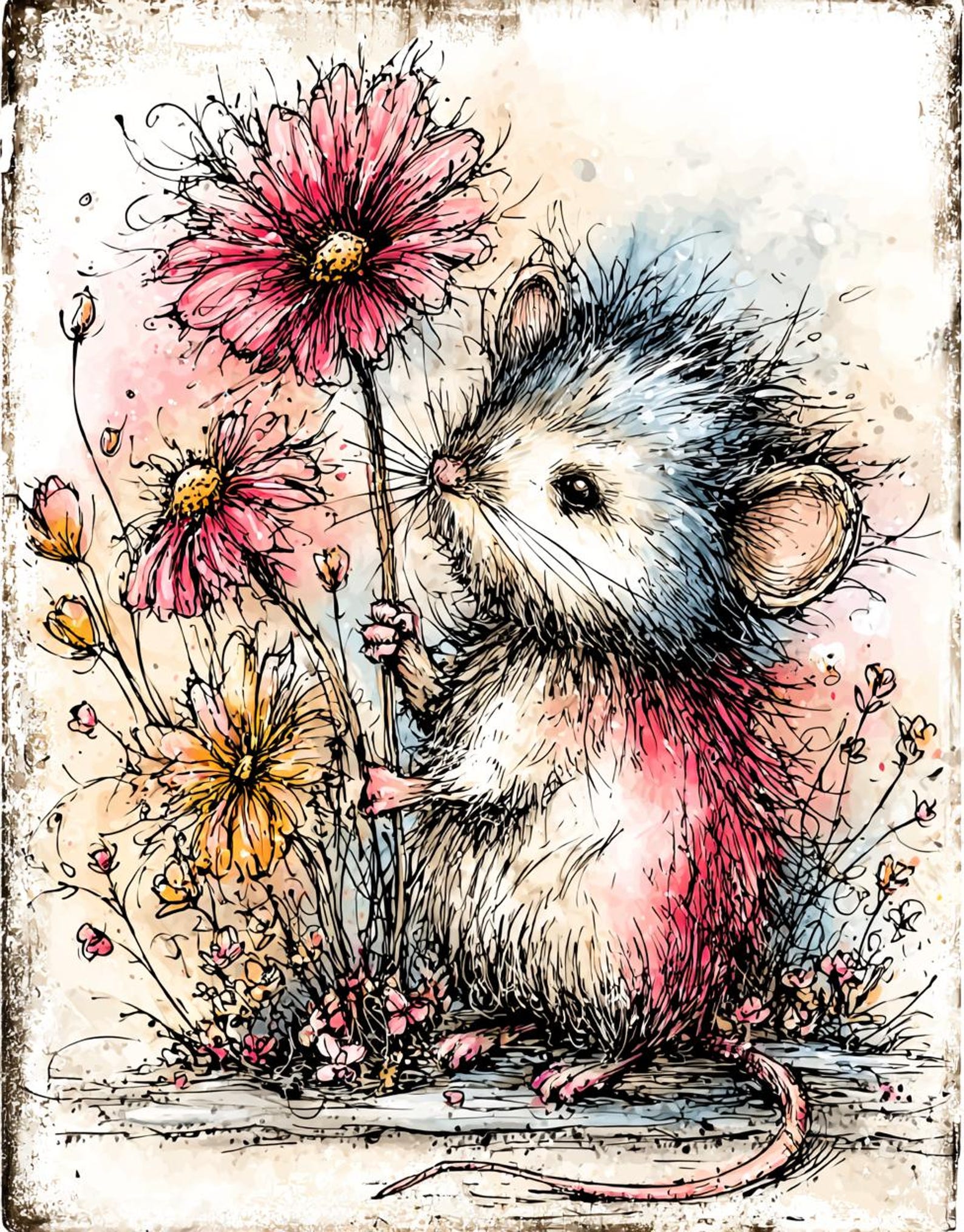 Mouse Art, Cute Mouse, Floral Mouse, Wildflowers, Spring Blooms ...