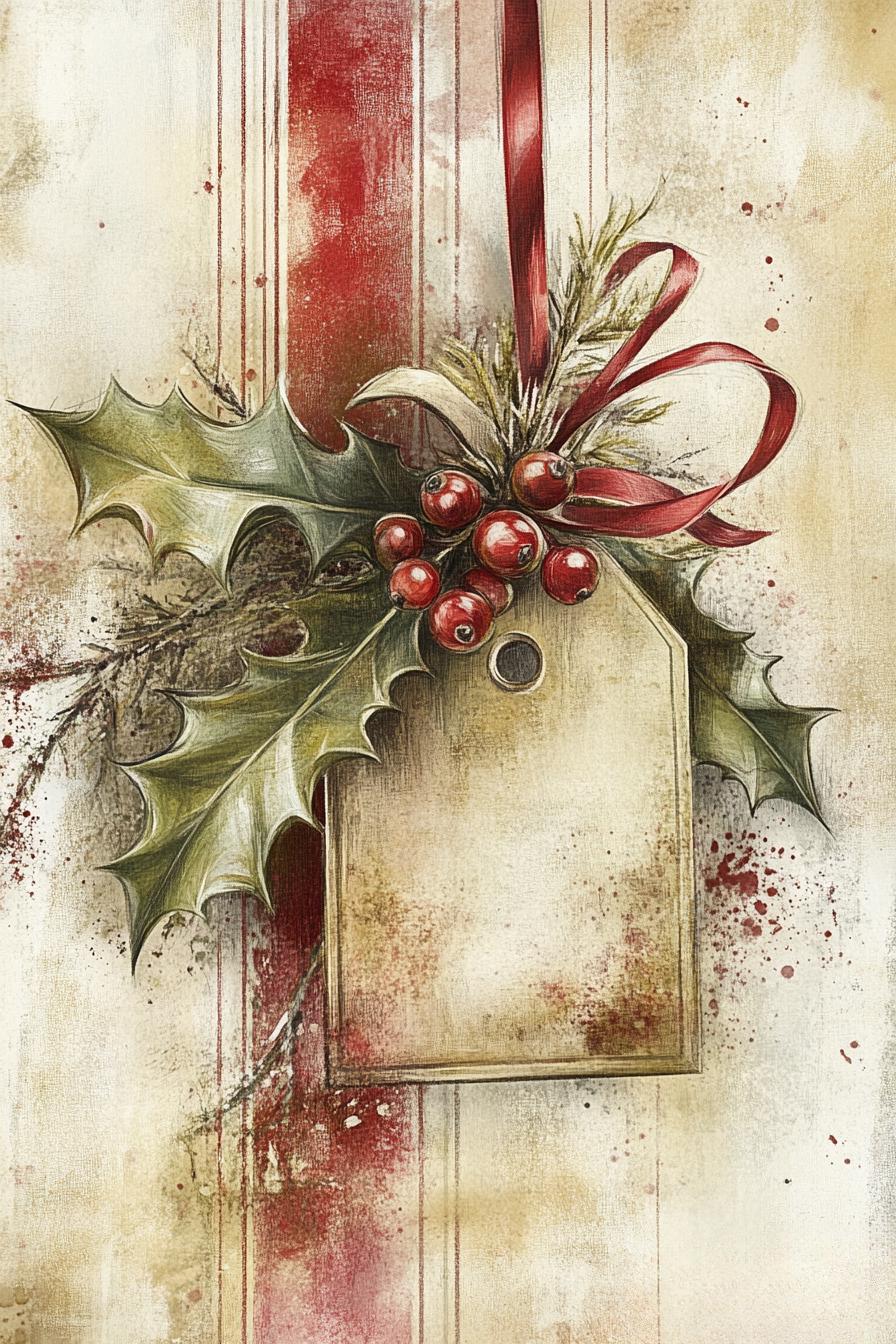 Rustic Christmas Tag PNG Set, Vintage Holly and Berry Clipart, Aged ...