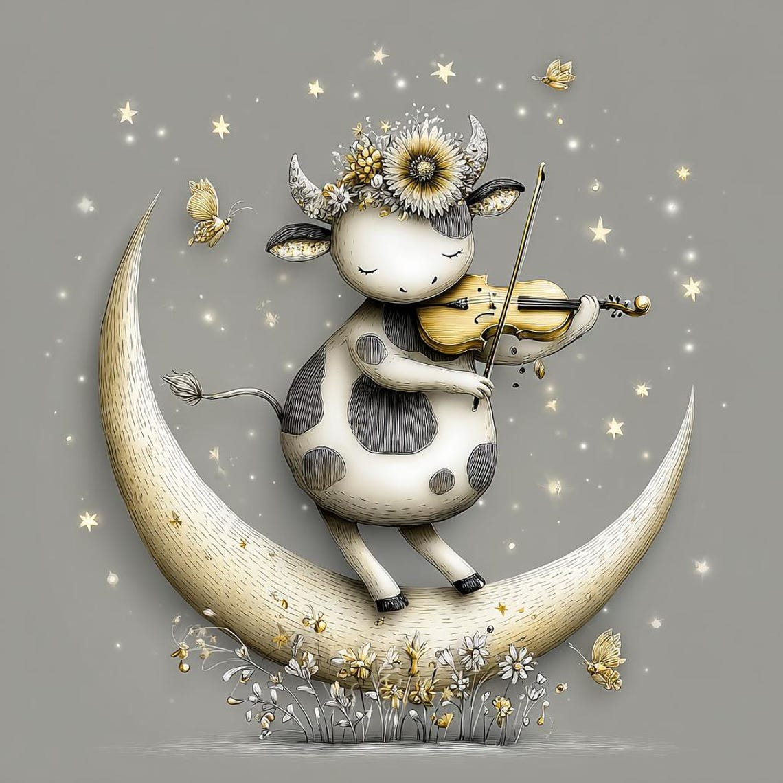 Hey Diddle Diddle Art Set, Whimsical Cow and Moon, Fairytale Night Sky ...