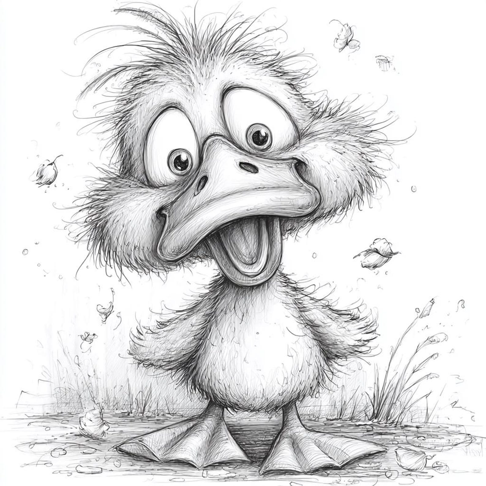 Adorable Duckling Sketch Set, Whimsical Pencil Art of Cute Ducks ...