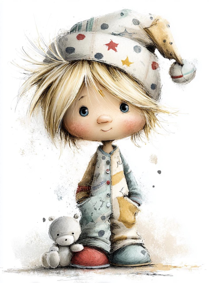 Patchy Pajamas Boy, Whimsical Bedtime Art, Pajama Doll Clipart, Cute ...