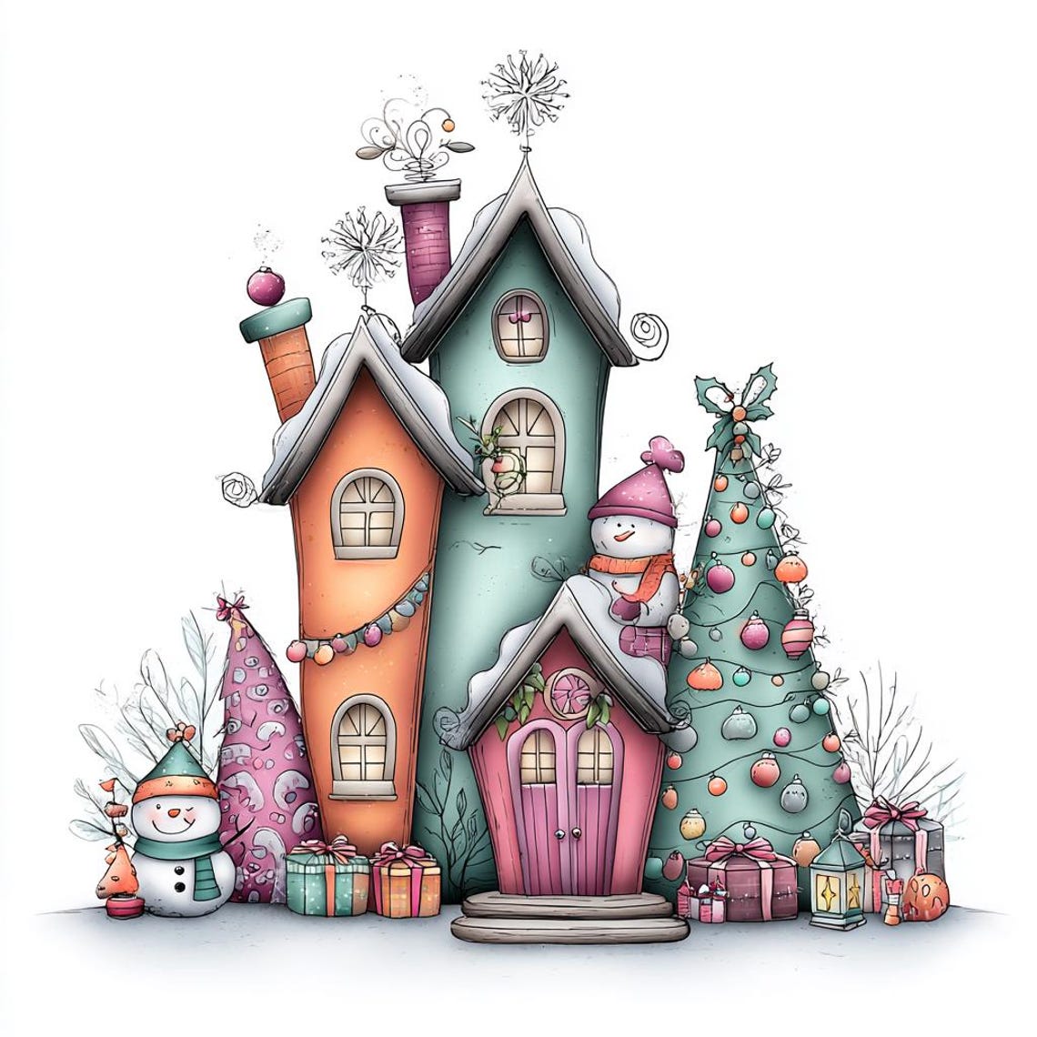 Whimsical Houses, Christmas Tree, Snowman, Gift Boxes, Festive Lights ...