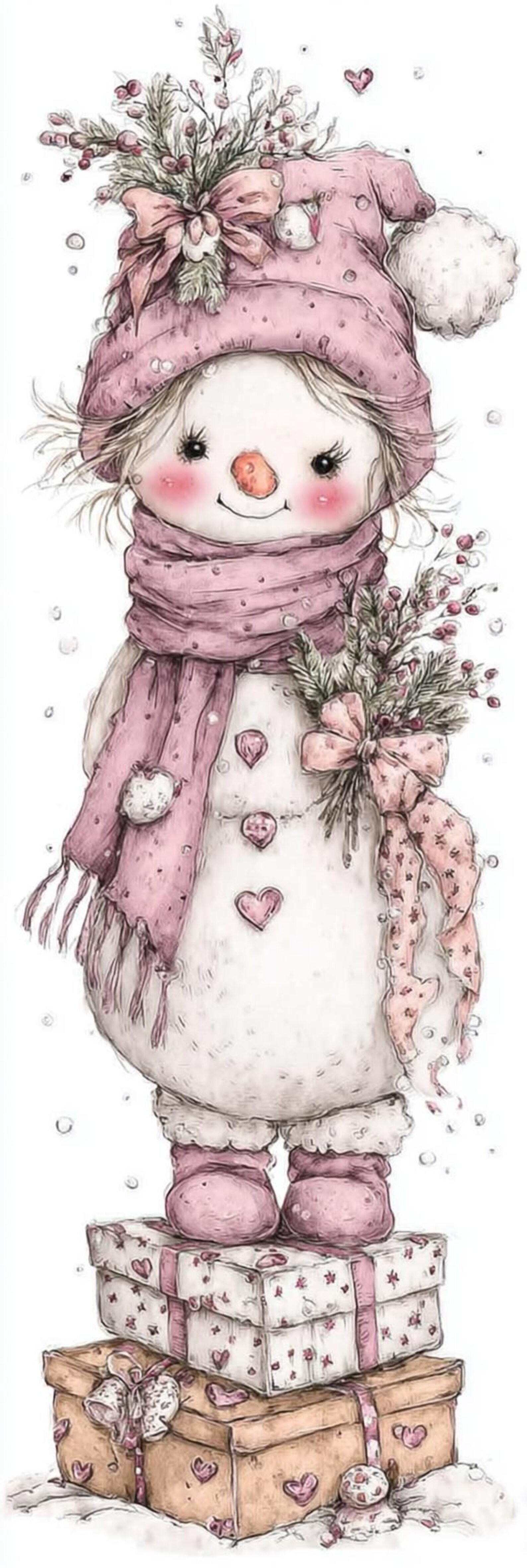 Whimsical Pink Snowman PNG Set, Cute Christmas Snowmen With Gifts and ...