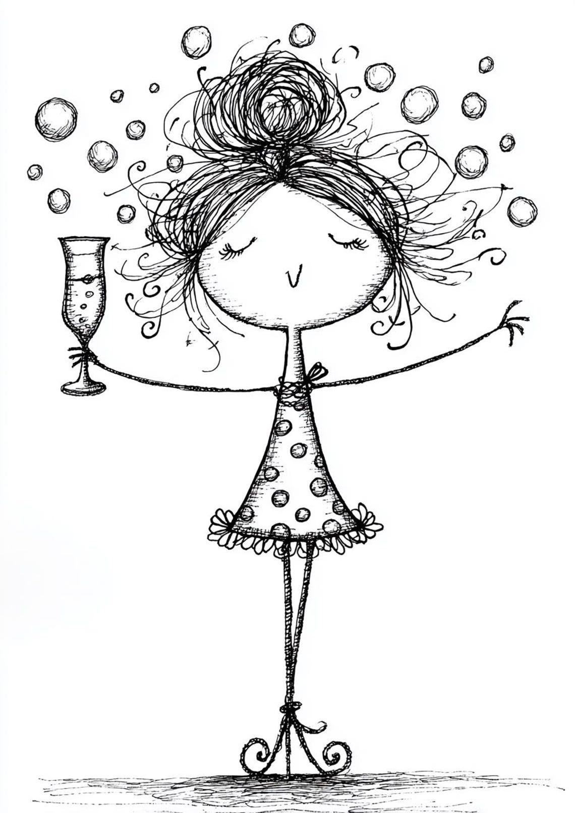 Bubbly Girl, Whimsical Doodle Lady, Champagne Toast Sketch, Playful ...