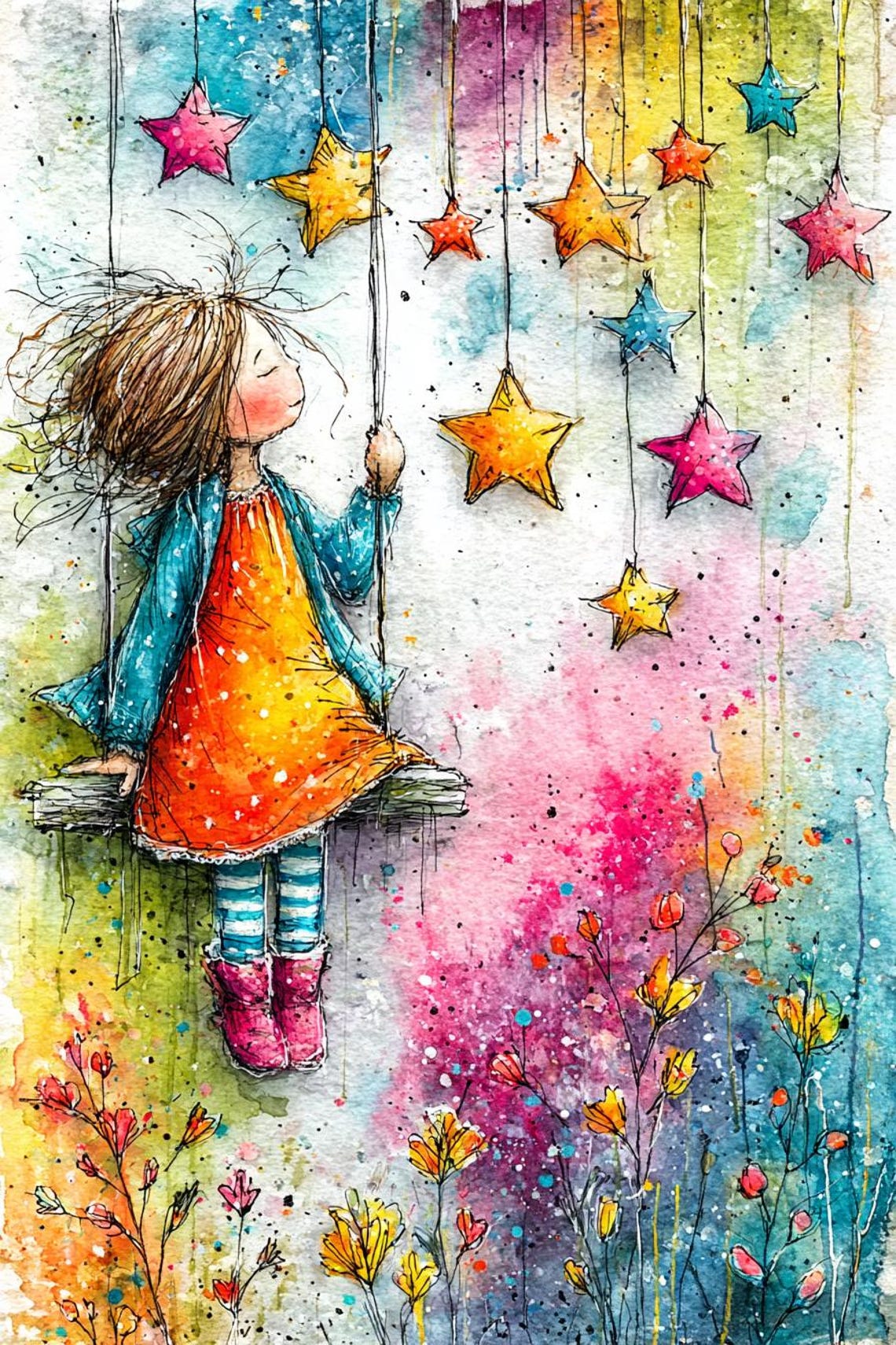 Star Girl Art, Dreamy Stars, Whimsical Sky, Rainbow Dress, Balloon Girl ...