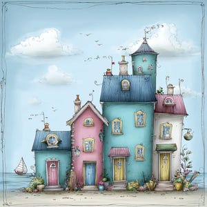 Seaside Scrapbooking, Seaside Town, Beach Huts, Ocean Clipart, Pastel ...