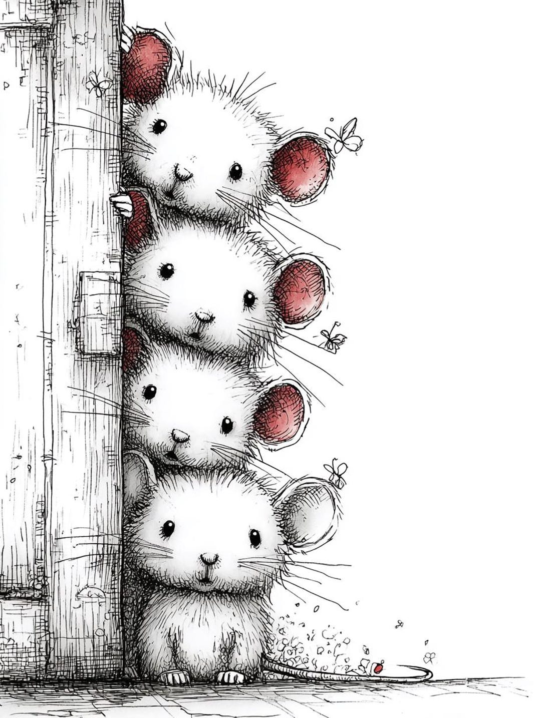 Whimsical Mouse PNG Set, Cute Peeking Mice Line Art, Hand-drawn Sketch ...