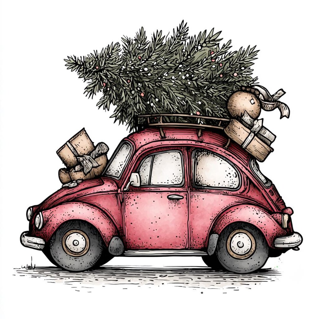 Pink Christmas Car Clipart, Vintage Holiday Car With Tree and Gifts ...