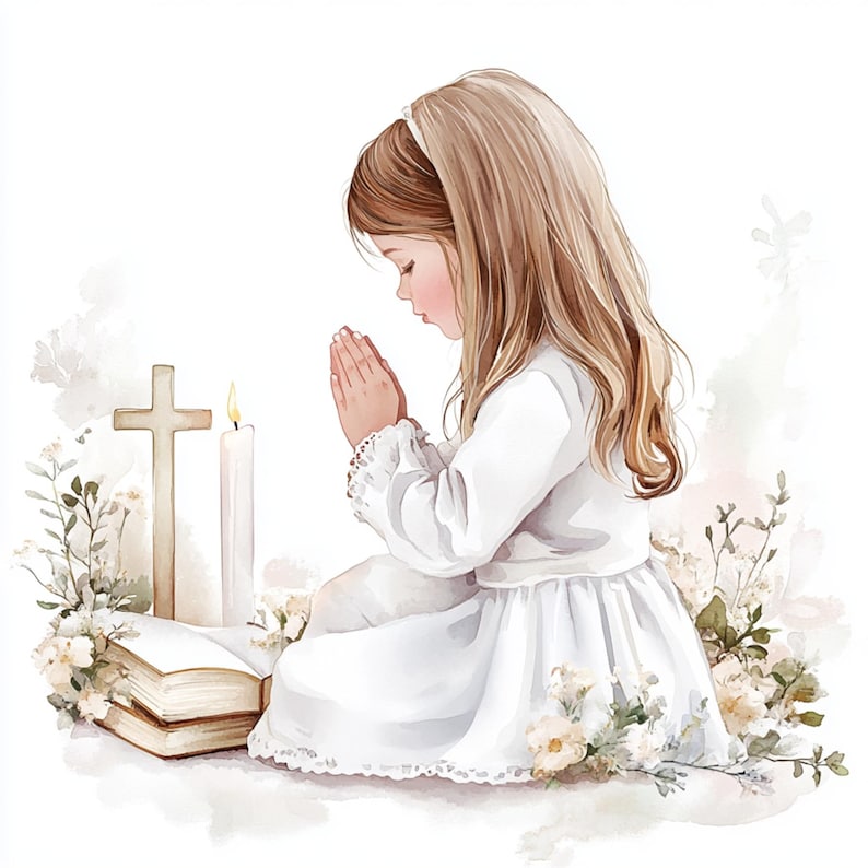 First Communion, Girl Praying, Bible Art, Faith Dress, Holy Cross ...