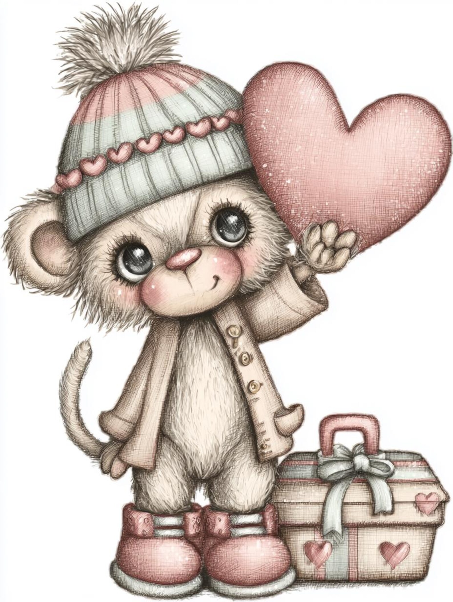 Valentine Monkey Clipart, Heart Balloon Animal Art, Sweet Doodle Monkey ...