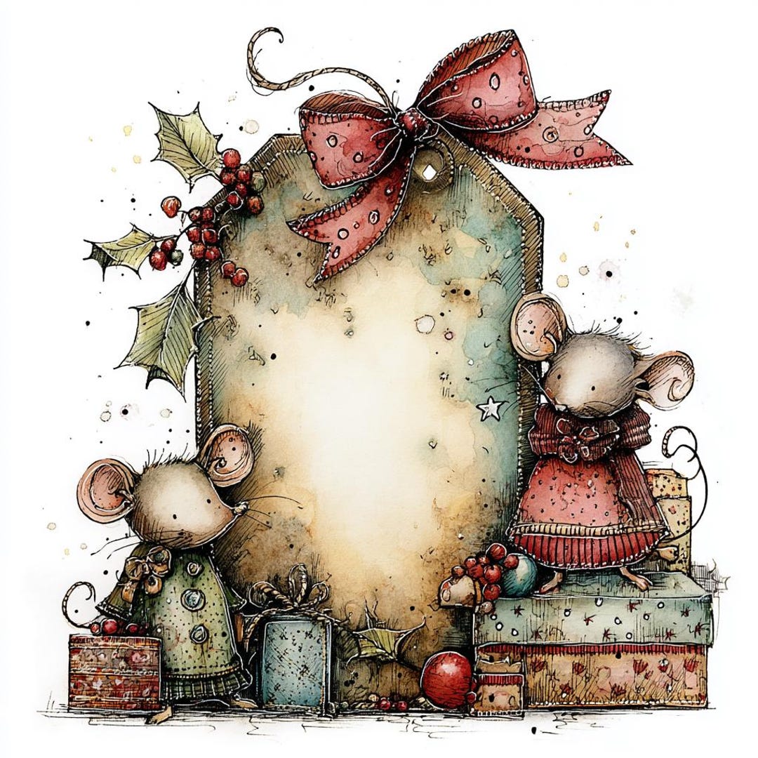 Christmas Mouse Tag PNG Set, Vintage Watercolor Holiday Labels ...