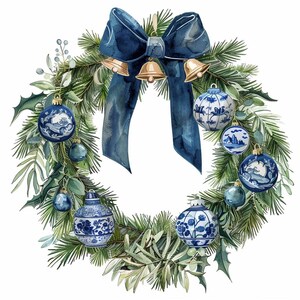 Blue Christmas, Festive Wreath, Holiday Decor, Chinoiserie, Navy Bow ...