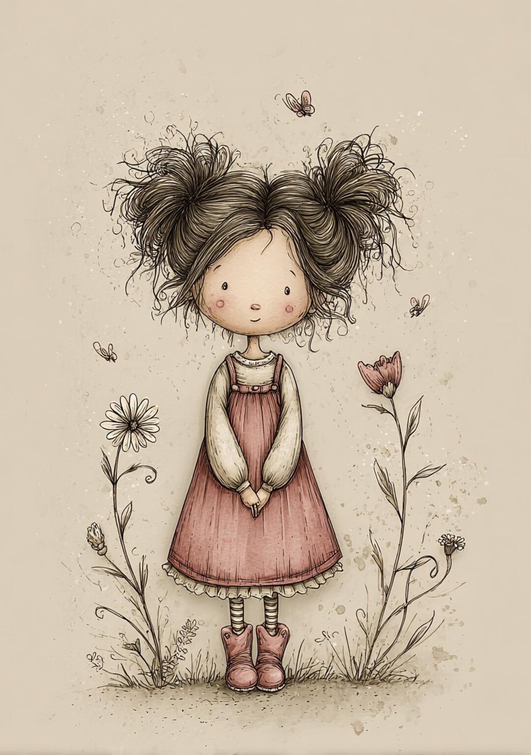 Shy Flower Girl, Cute Girl Print, Vintage Girl, Pink Dress Girl, Floral ...