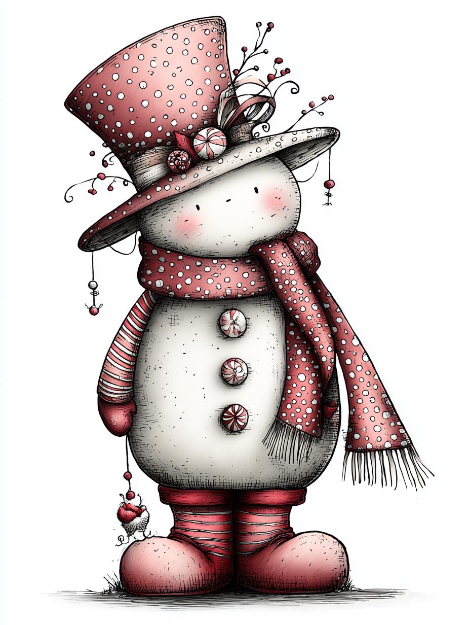 Whimsical Valentine Snowmen, Candy Cane Snowman Art, Top Hat Snowman ...