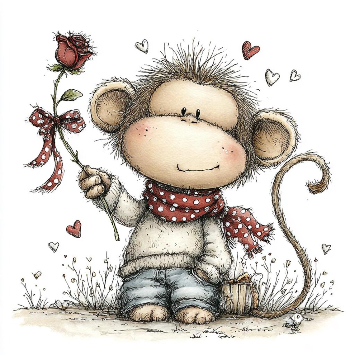 Monkey Valentine CLIPART, Hand Drawn Love Monkey, Whimsical Heart ...