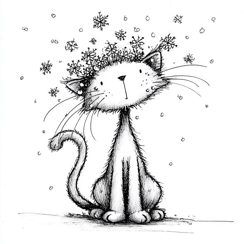 Whimsical Snow Cat Illustration, Cute Winter Kitty Sketch, Playful ...